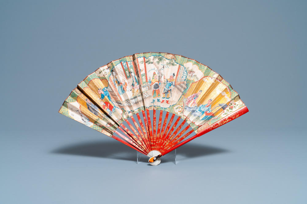 A Chinese painted paper and lacquered wood fan, 18/19th C. - Rob ...